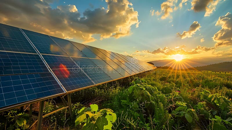 Solar Panels at Sunset with Golden Sky Photo Stock Illustration ...
