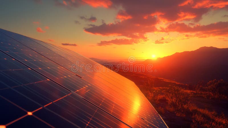 Solar Panels at Sunset Over Mountain Landscape Stock Illustration ...