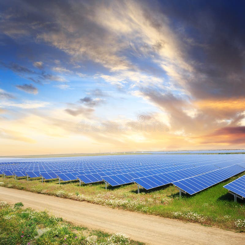 Solar Panels with Sunsets Sky Stock Photo - Image of horizon, line ...