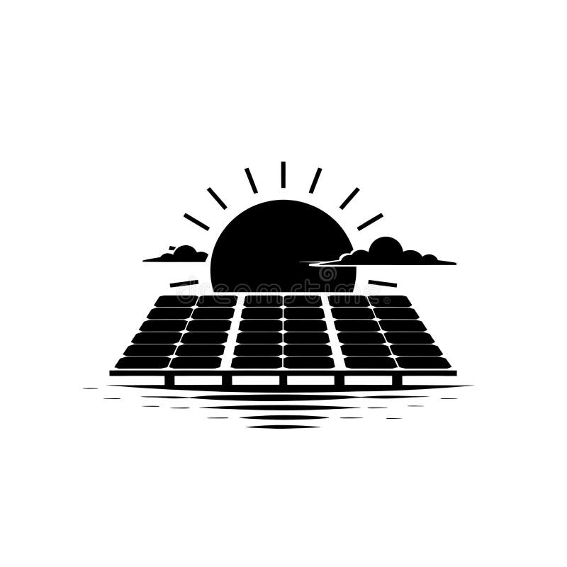 Solar Panels at Sunset Silhouette Icon with Sun and Clouds Stock ...