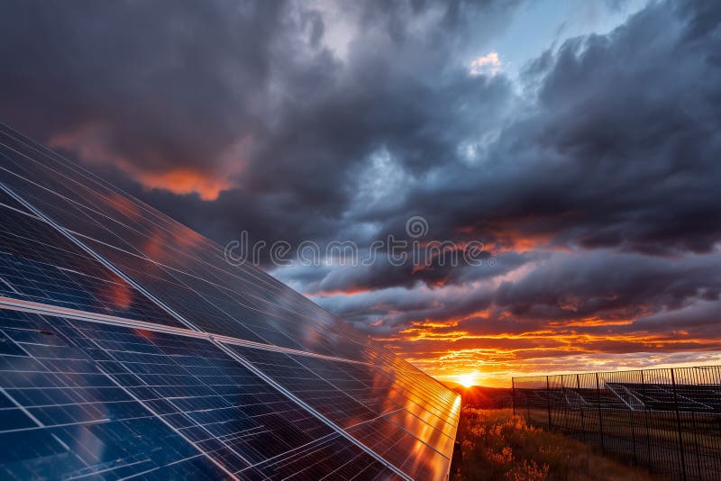 Solar Panels at Sunset Under Dramatic Stock Photo - Image of clouds ...