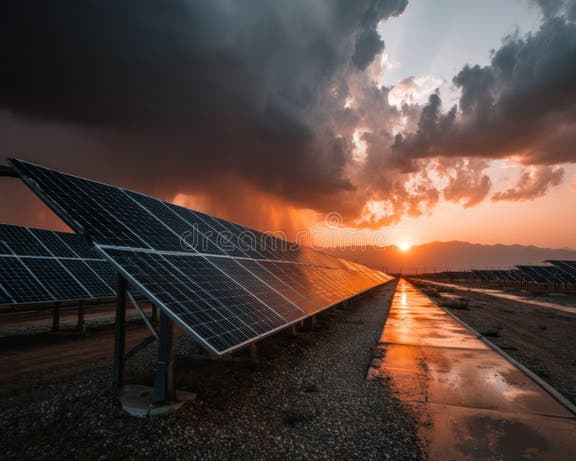 Solar Panels at Sunset Under Dramatic Storm Clouds Stock Illustration ...