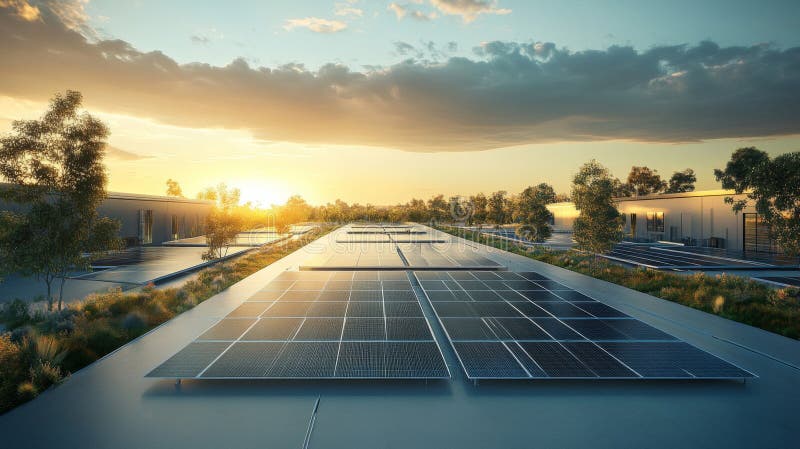 Solar Panels at Sunset on Urban Rooftop Stock Illustration ...