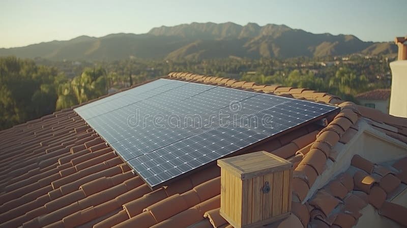 Solar Panels on Tiled Roof with Mountain View at Sunset Stock Photo ...