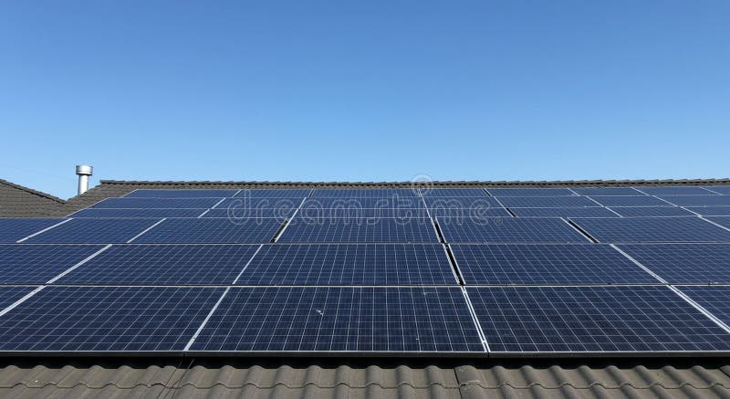 Solar Panels on a Tiled Rooftop are Arranged in a Grid Pattern. the ...