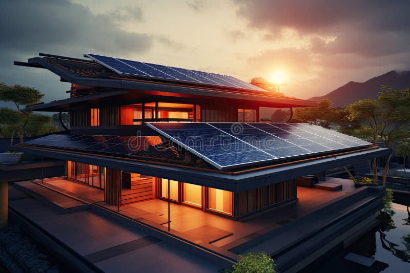 Solar Panels on Top of a Building in Sunset. Generative AI Stock ...