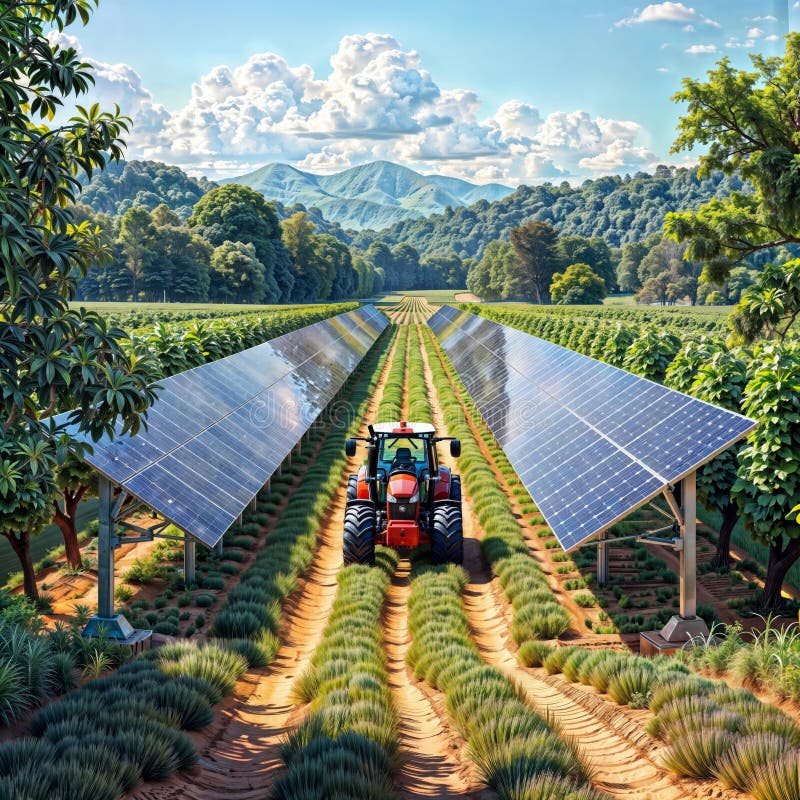 Tractor in Lavender Field with Solar Panels, Generative Ai Stock ...