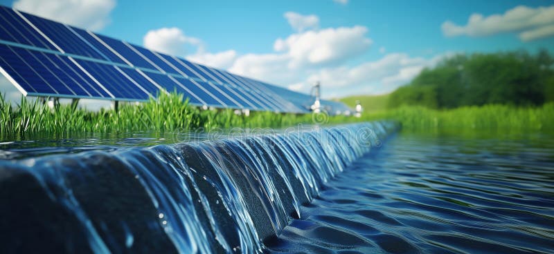 Solar Panels beside Tranquil Water Stream in Lush Green Landscape Stock ...