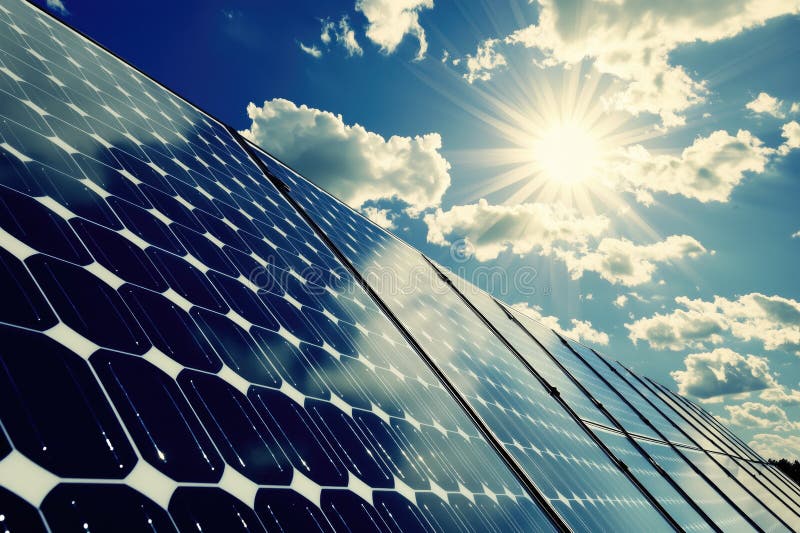 Solar Panels Under Bright Sun and Blue Sky with Clouds in Clean Energy ...