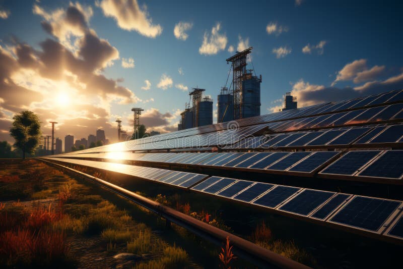 Solar Panels with Urban Skyline at Sunset Stock Photo - Image of energy ...