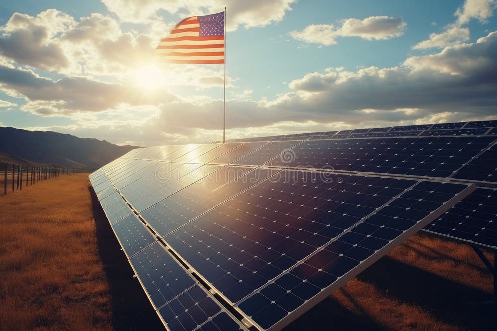 Solar panels with US flag stock photo. Image of ecological - 289948650