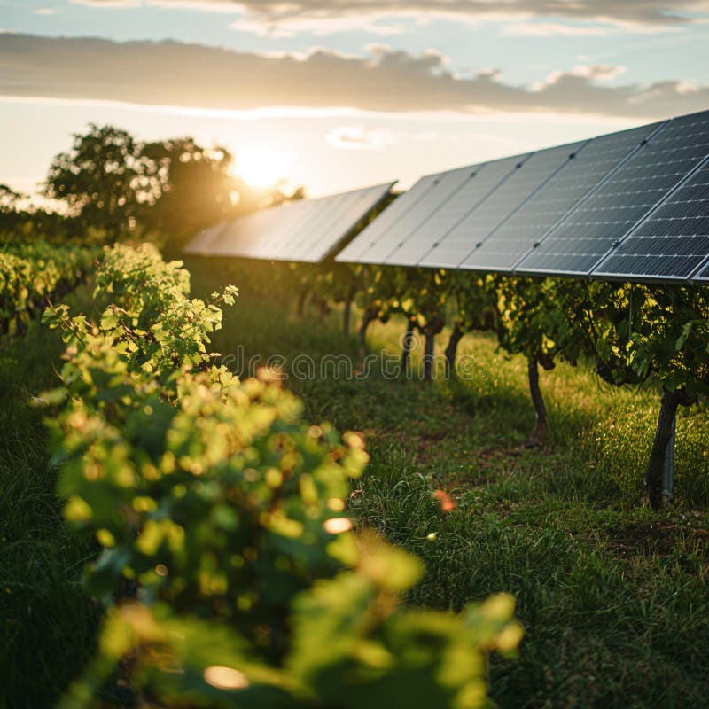 Solar Panels in a Vibrant Vineyard at Sunset Stock Illustration ...