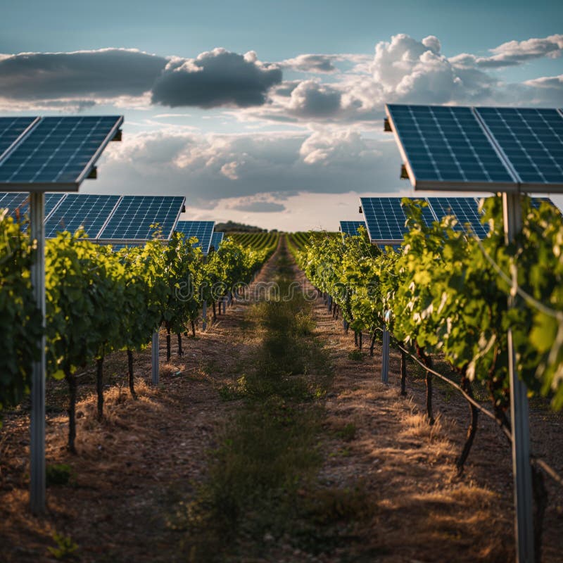Solar Panels in a Vibrant Vineyard at Sunset Stock Illustration ...