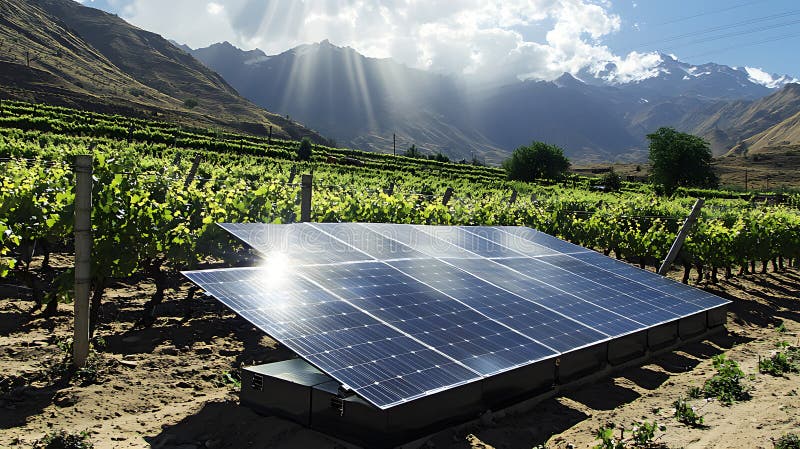 Solar Panels in a Vineyard with Mountainous Backdrop Stock Photo ...