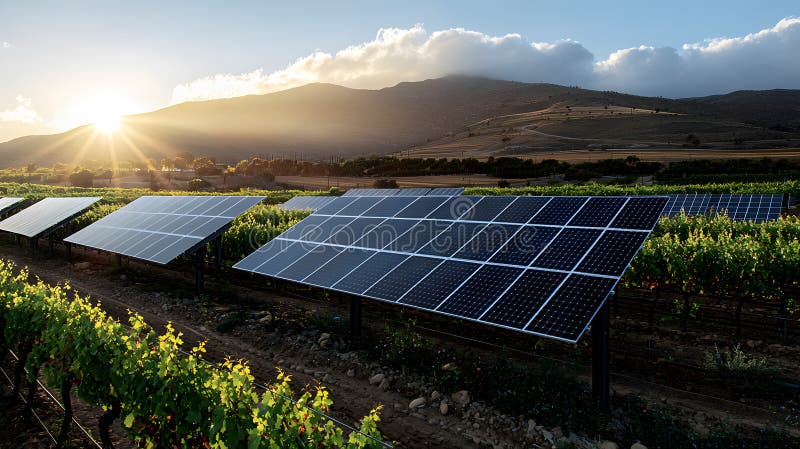 Solar Panels in a Vineyard at Sunset Stock Image - Image of rural ...