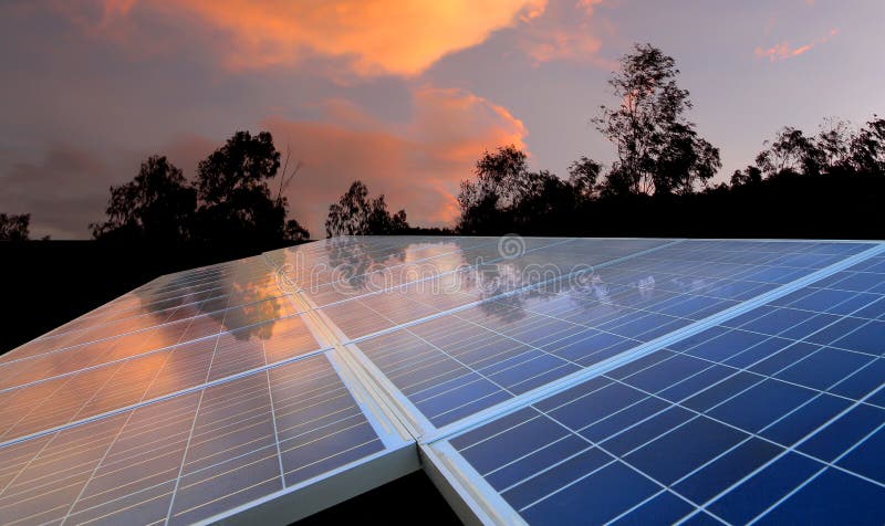Solar Panels with Warm Sky Reflection on Solar Panel Stock Photo ...