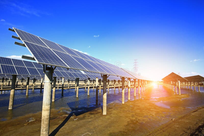 Solar panels on the water stock photo. Image of power - 216562472
