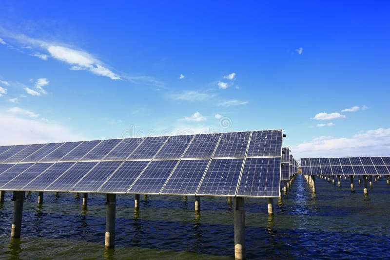 Solar panels on the water stock image. Image of panel - 223446183