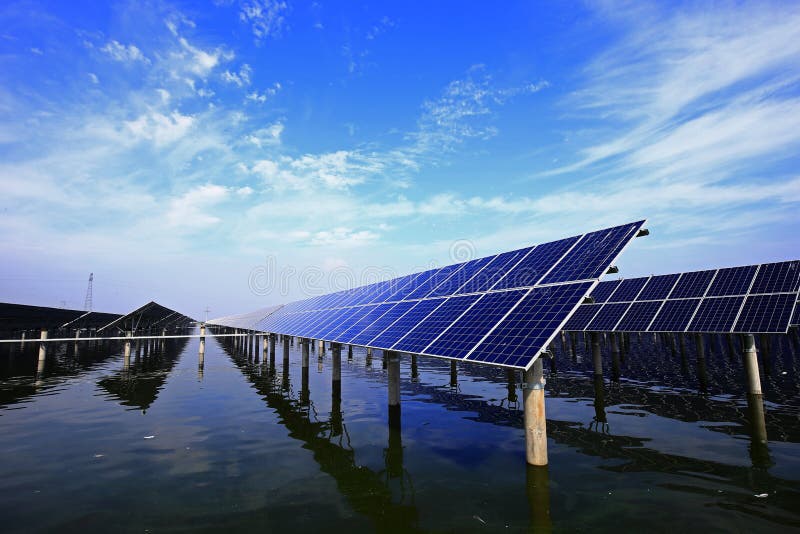 Solar panels on the water stock image. Image of lake - 238986209