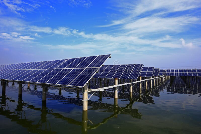 Solar panels on the water stock photo. Image of electric - 239057932