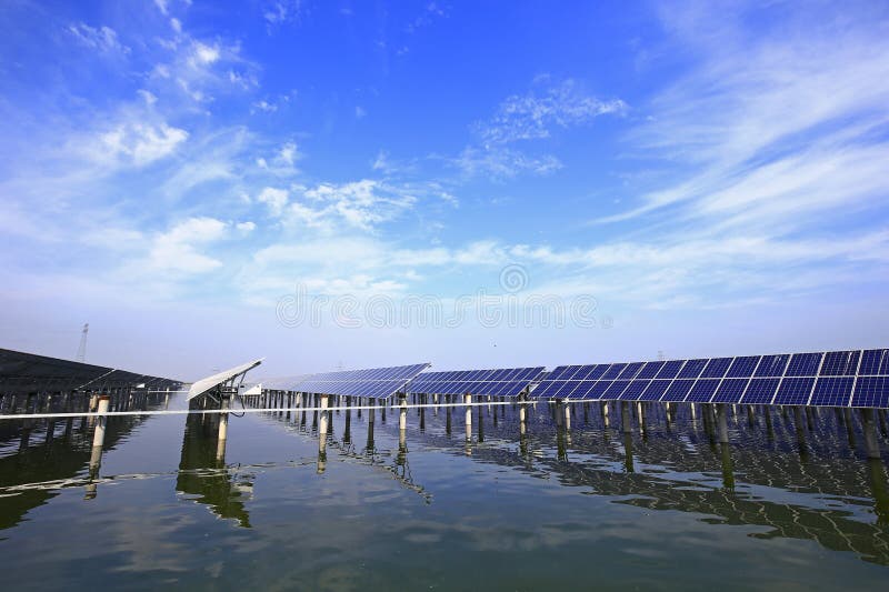 Solar panels on the water stock image. Image of lake - 276063521