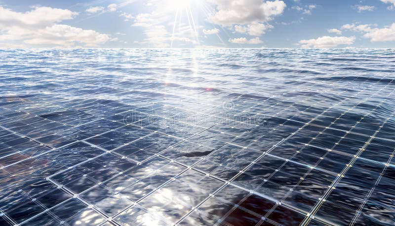 Solar Panels in Water with Sun Rays and Blue Sky. 3d Rendering ...