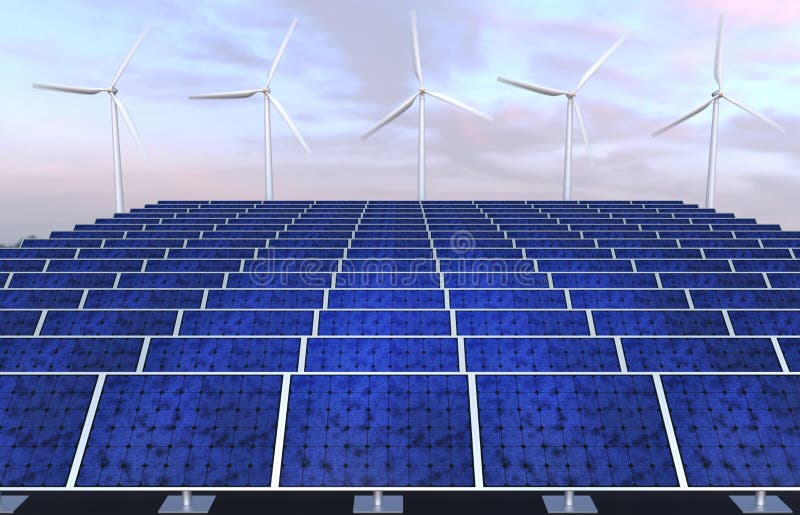 Solar Panels and Wind Generators Against Sunset Sky Stock Image - Image ...