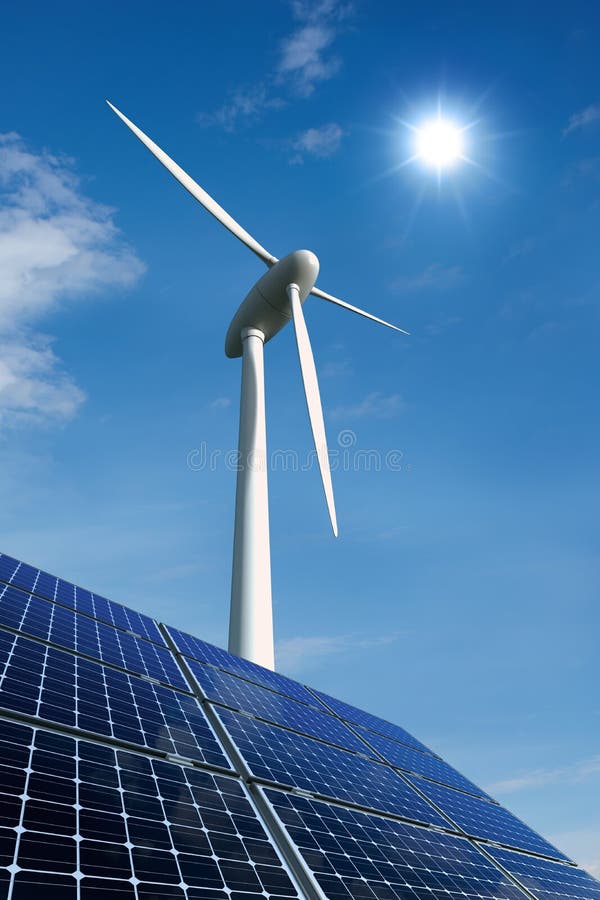 Solar Panels and Wind Turbine Against a Sunny Sky Stock Illustration ...