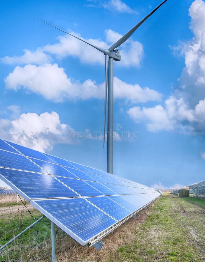 Solar Panels and Wind Turbine Stock Photo - Image of electric, energy ...