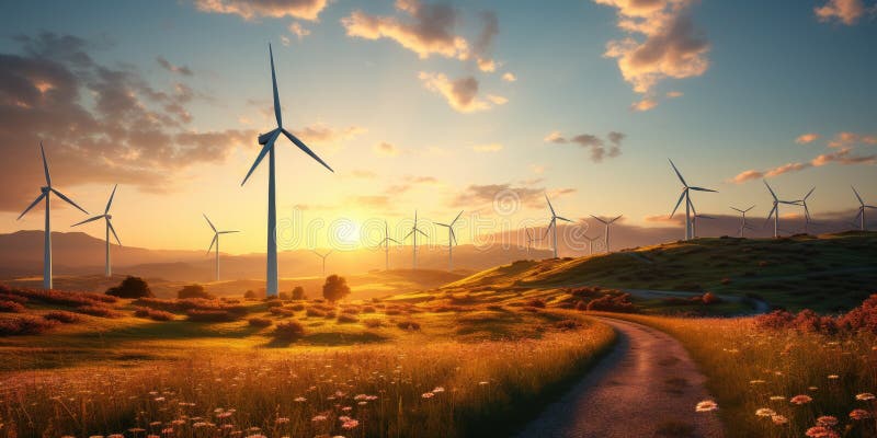 Solar Panels and a Wind Turbine on Field in the Rays of the Setting Sun ...