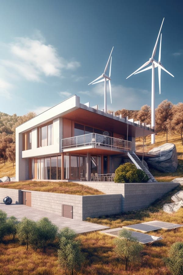 Solar Panels and Wind Turbine Powering an Eco-friendly Home Stock Photo ...