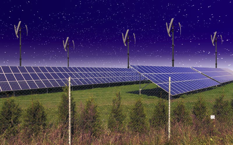 Solar Panels with Wind Turbines Against Night Sky Stock Image - Image ...