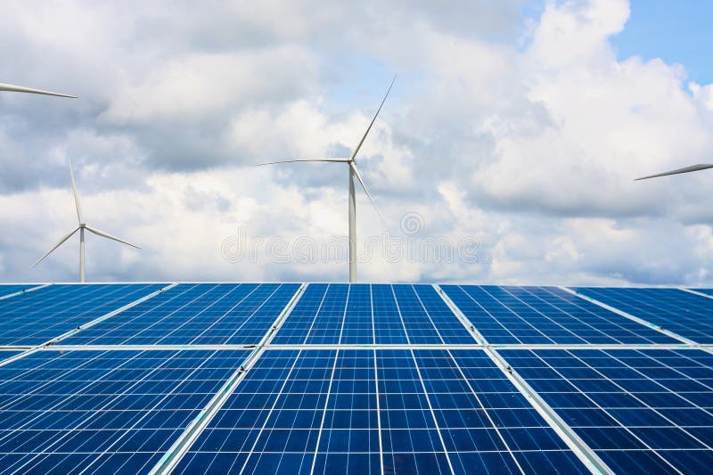 Solar Panels and Wind Turbines with the Clouds and Sky Stock Image ...