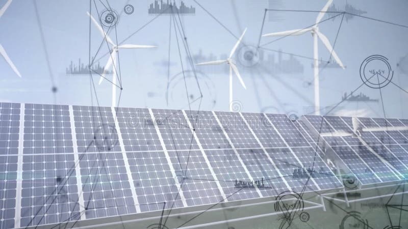 Solar Panels and Wind Turbines with Data Processing Animation Overlaid Stock Video - Video of ...