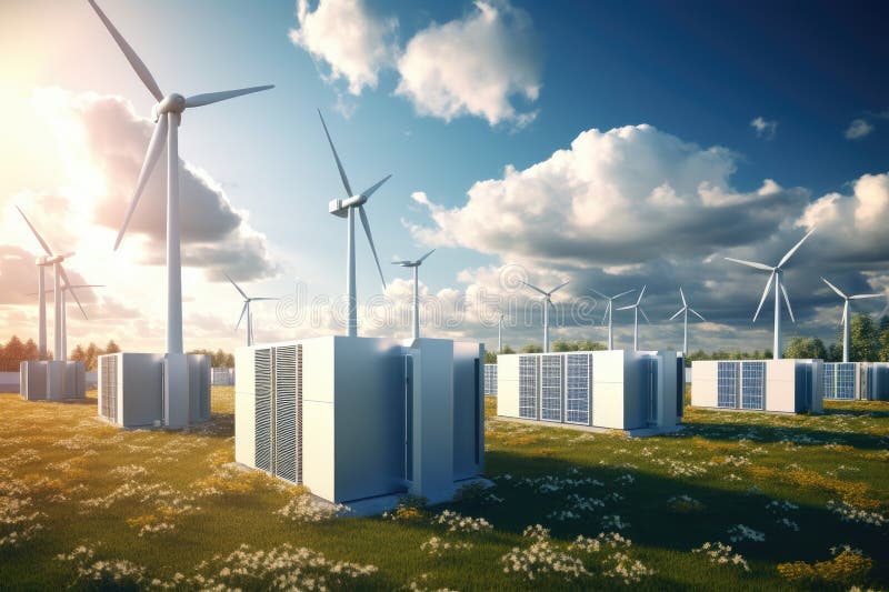 Solar Panels and Wind Turbines in a Field. 3D Rendering, Conceptual ...