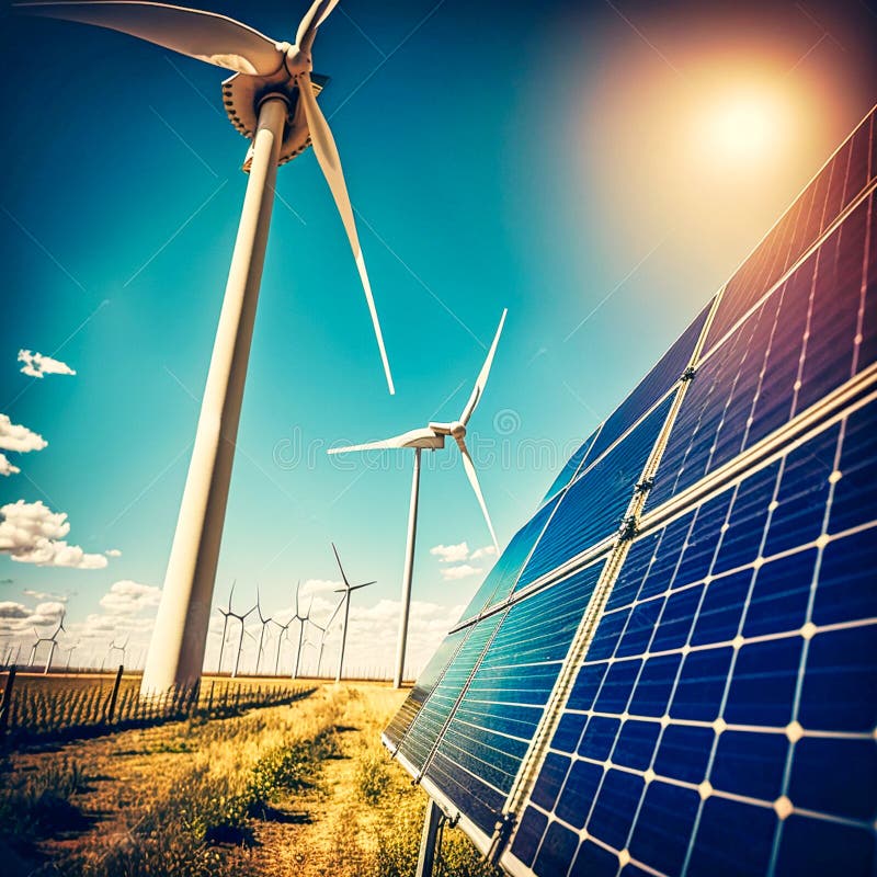 Solar Panels and Wind Turbines in the Field, Generative AI Stock ...