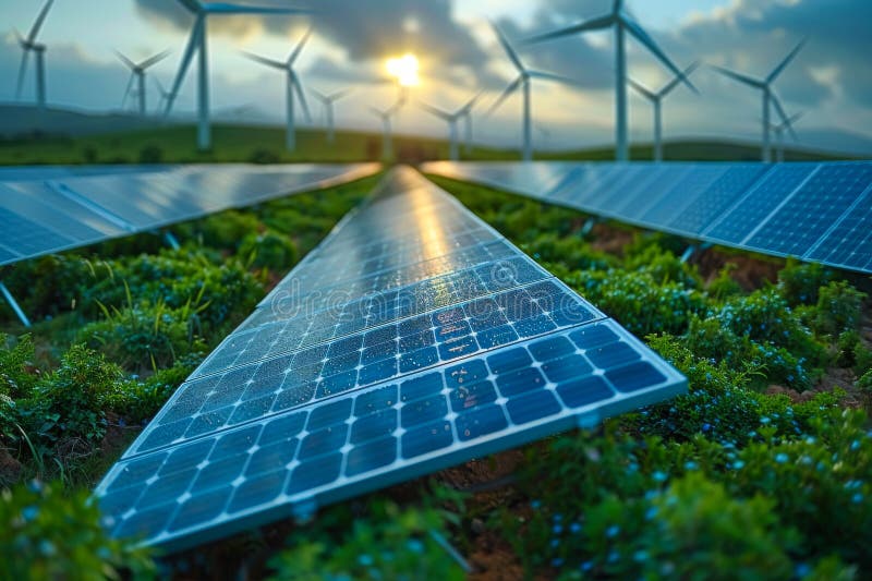 Solar Panels and Wind Turbines in Field. Field of Solar Panels with ...