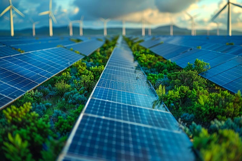 Solar Panels and Wind Turbines in Field. Field of Solar Panels with ...