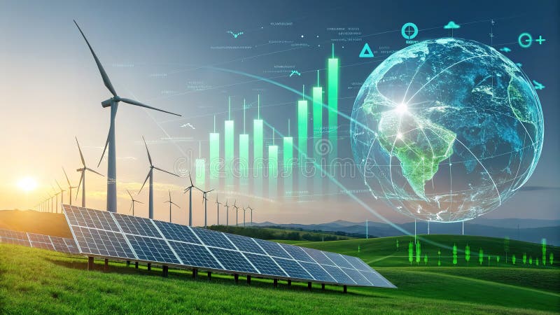 Solar Panels and Wind Turbines Generate Clean Energy while Global Data ...