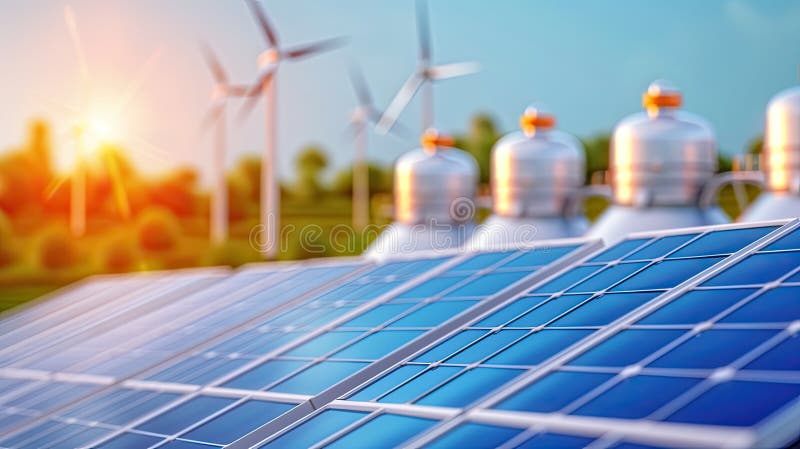 Solar Panels And Wind Turbines Generating Renewable Energy Against A Bright Sunset Showcasing