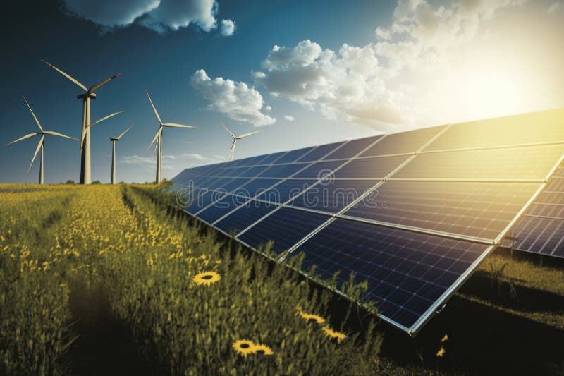 Solar Panels and Wind Turbines in a Green Field. Generative AI Stock ...