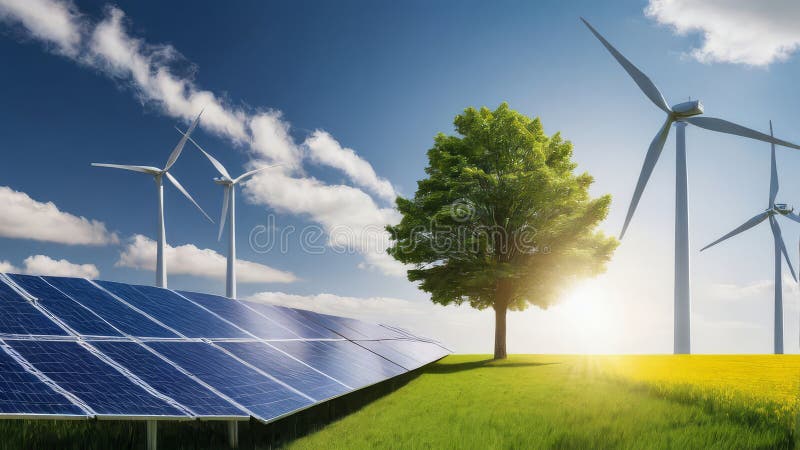 Solar Panels And Wind Turbines In A Green Field With A Tree Stock Image Image Of Wind Clouds