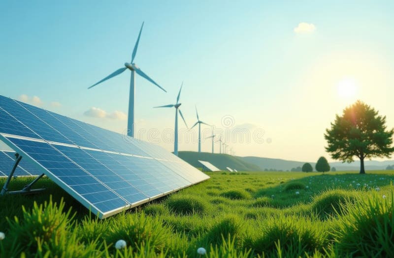 Solar Panels and Wind Turbines in a Green Landscape at Sunrise Stock ...