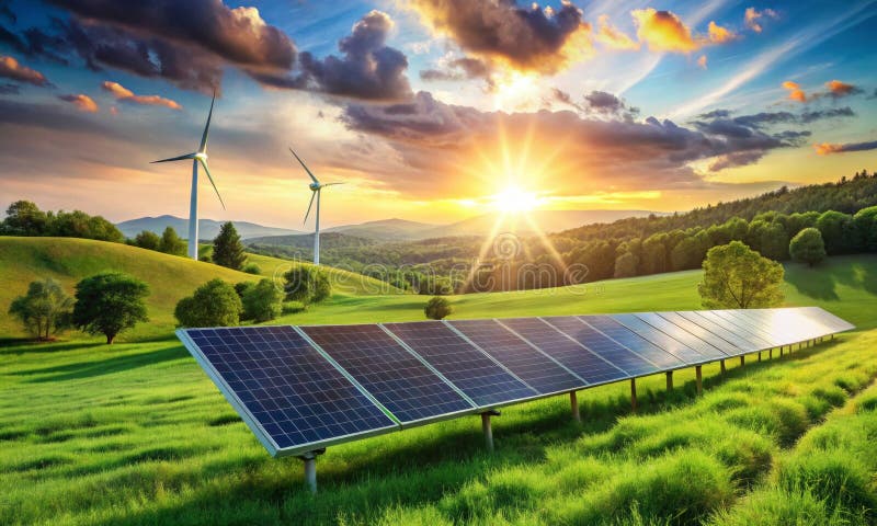Solar Panels and Wind Turbines on the Natural Landscape Background ...