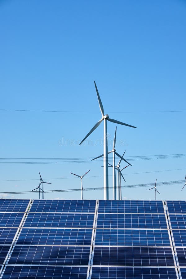 Solar Panels, Wind Turbines and Power Lines Stock Photo - Image of high ...