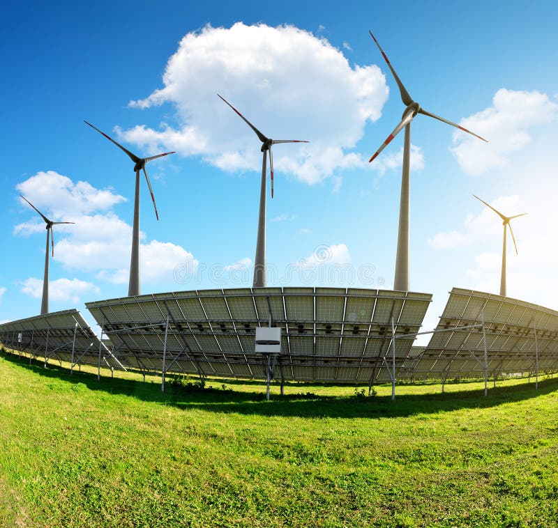 Solar Panels with Wind Turbines. Stock Photo - Image of power ...