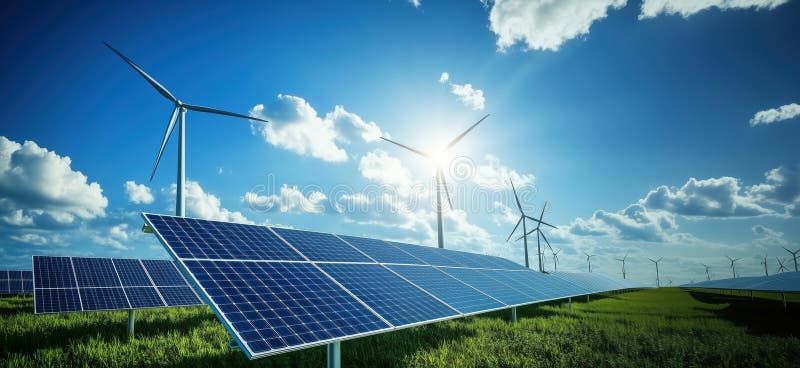 Solar Panels and Wind Turbines in Renewable Energy Landscape Under Blue ...