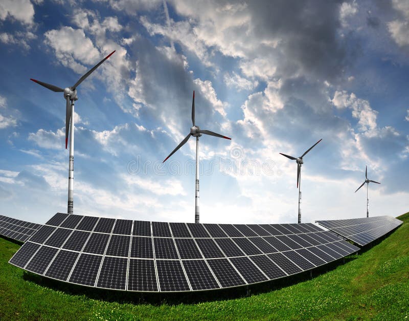 Solar Panels with Wind Turbines Stock Image - Image of landscape ...