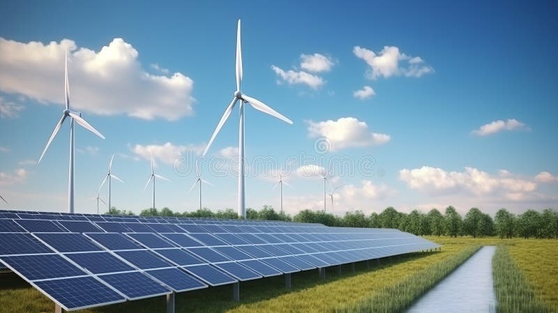 Solar Panels and Wind Turbines on Summer. Generative AI Stock ...