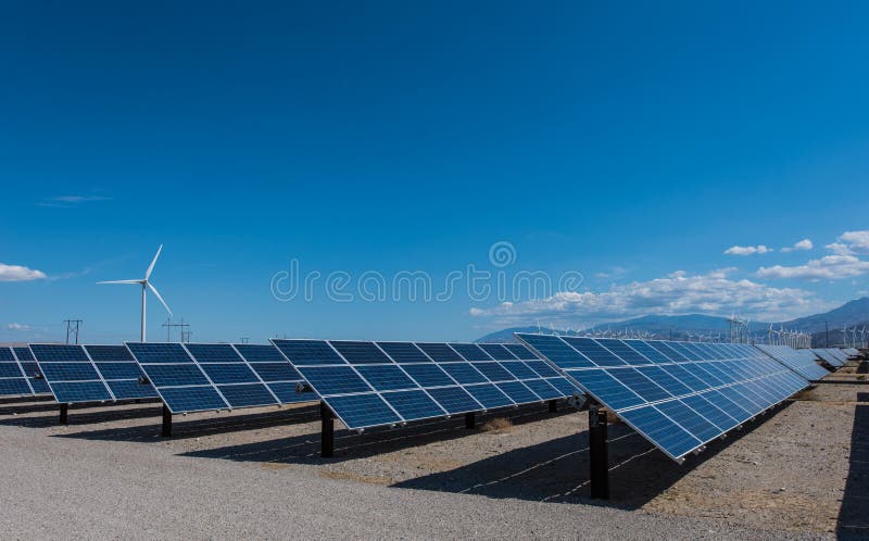 Solar Panels and Wind Turbines in Sunny Desert Stock Image - Image of ...